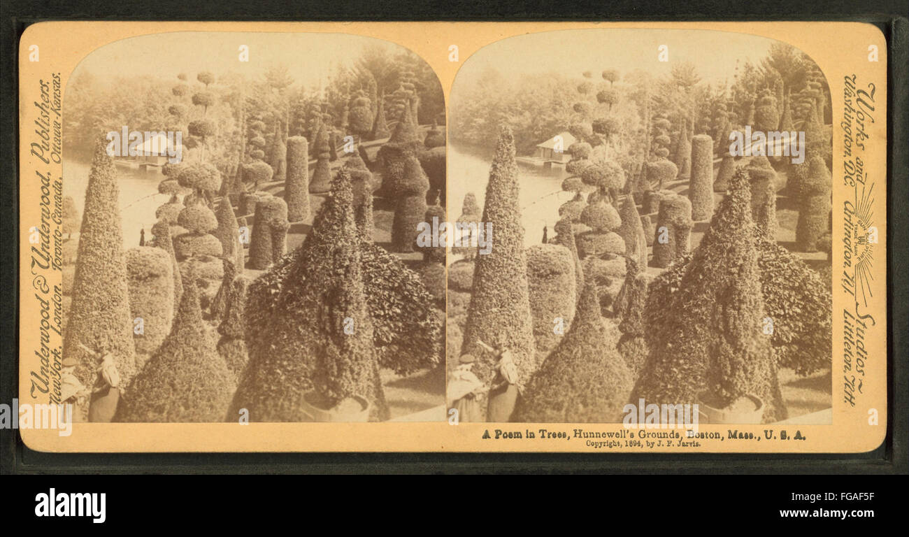 A hand-colored stereoscopic view of Hunnewell’s grounds in Wellesley ...