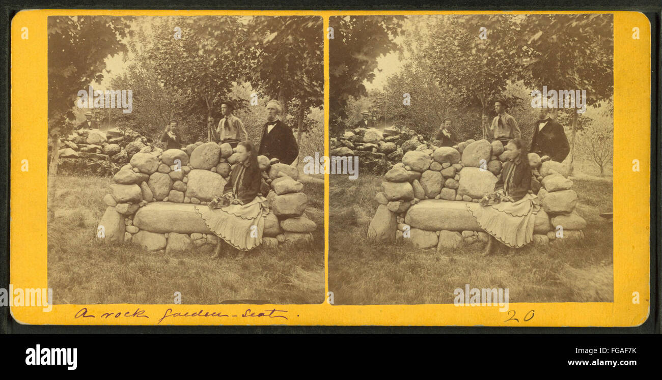 A stereoscopic photograph of a rock garden seat located on the grounds ...