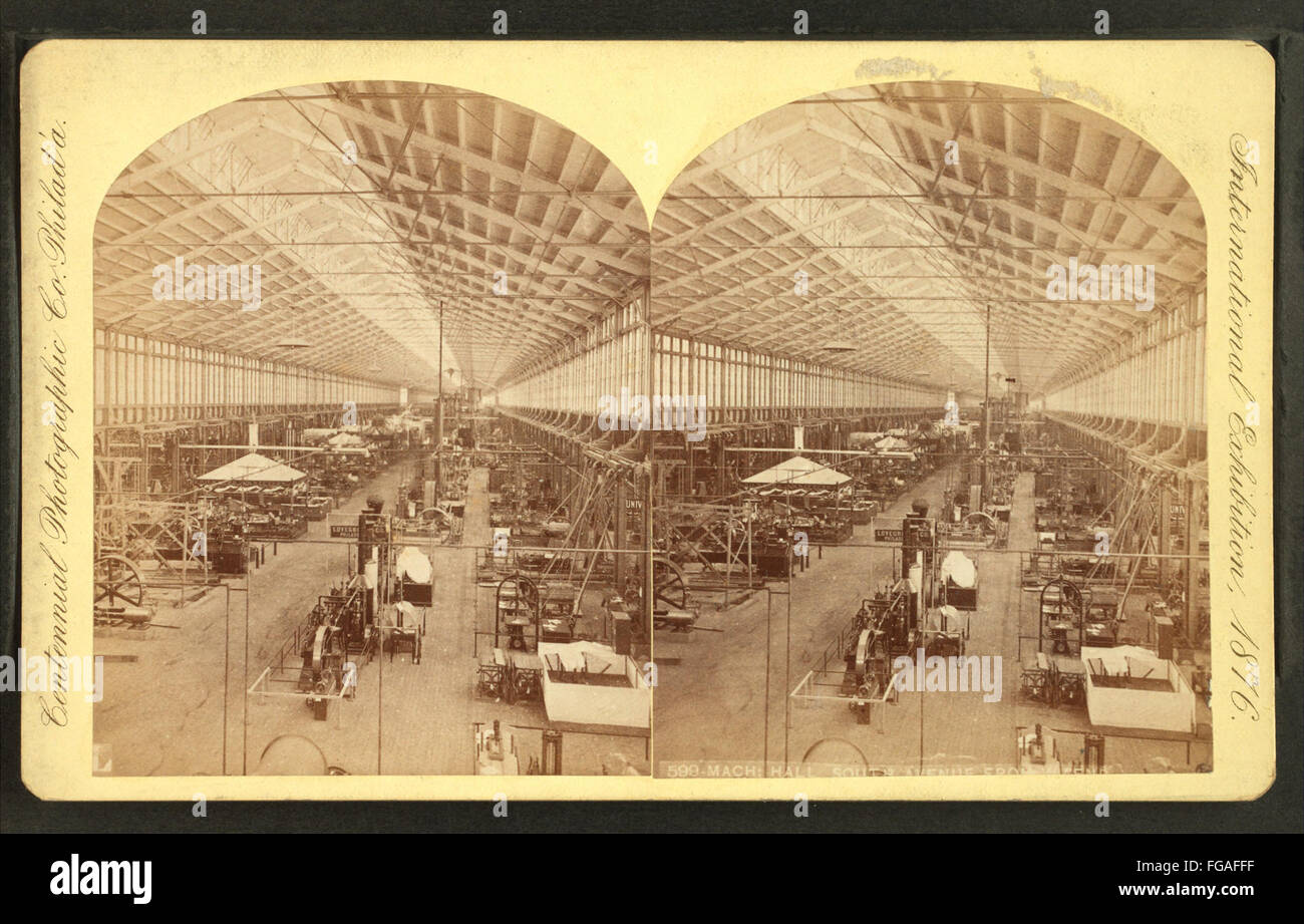 A photograph by Centennial Photographic Co showing the Machinery Hall ...