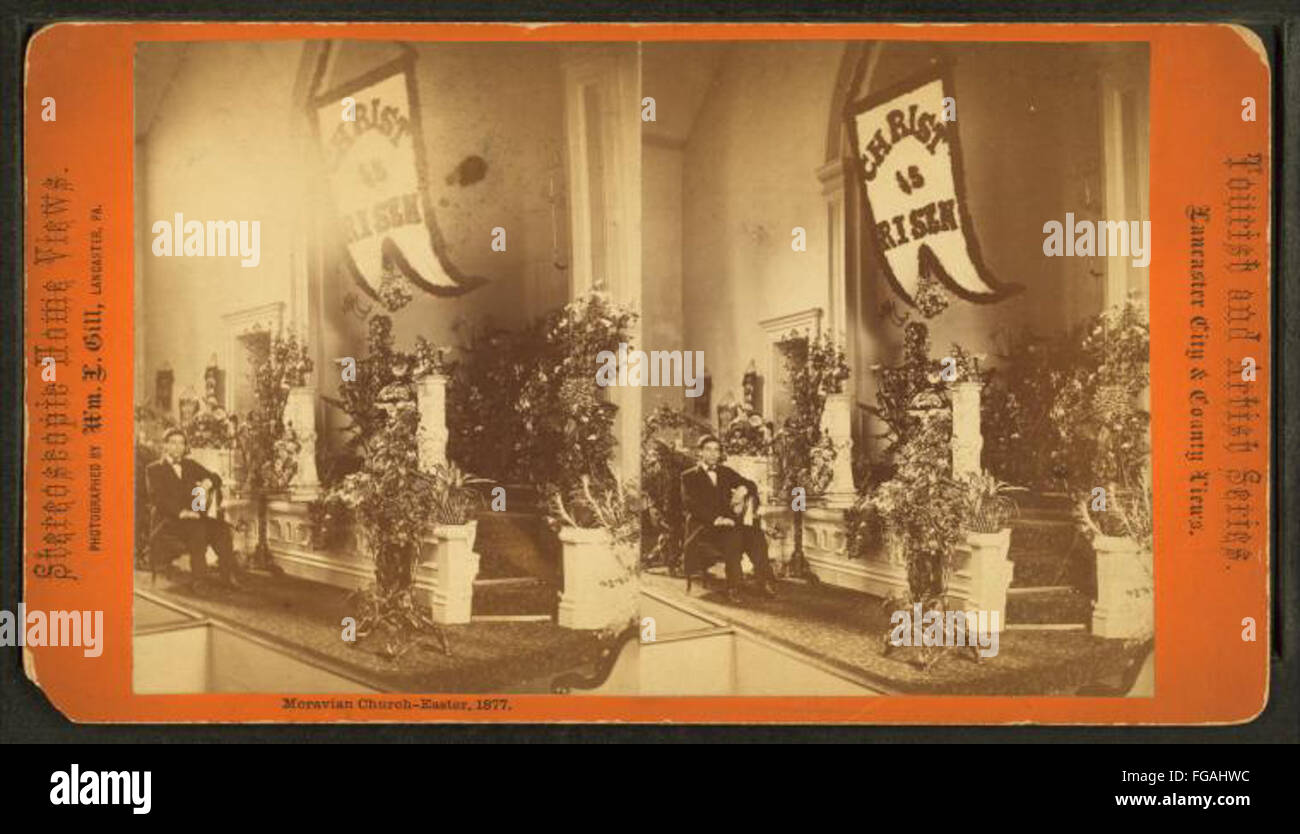 A photograph of the Moravian Church during Easter in 1877, captured by ...