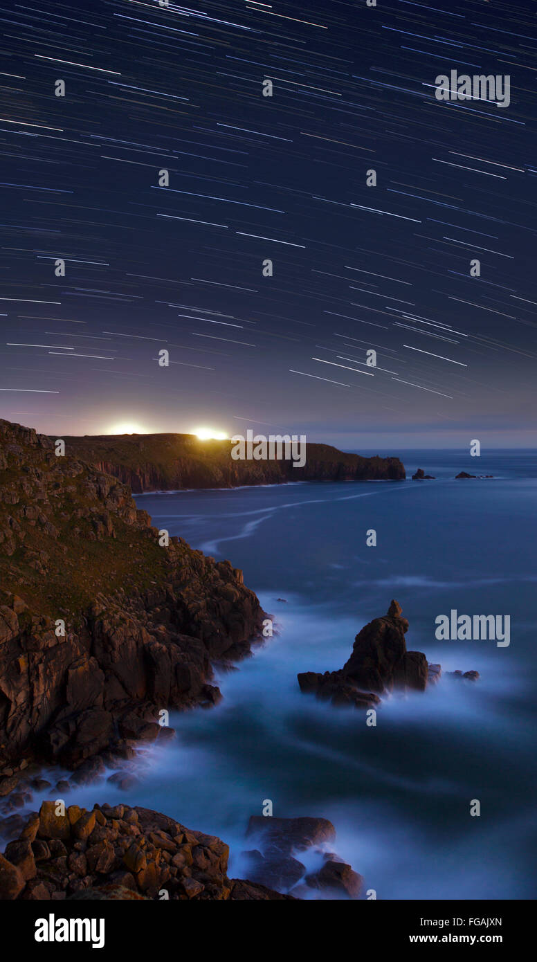 Star Trails Over Land's End Long shutter Speed; Cornwall; UK Stock ...