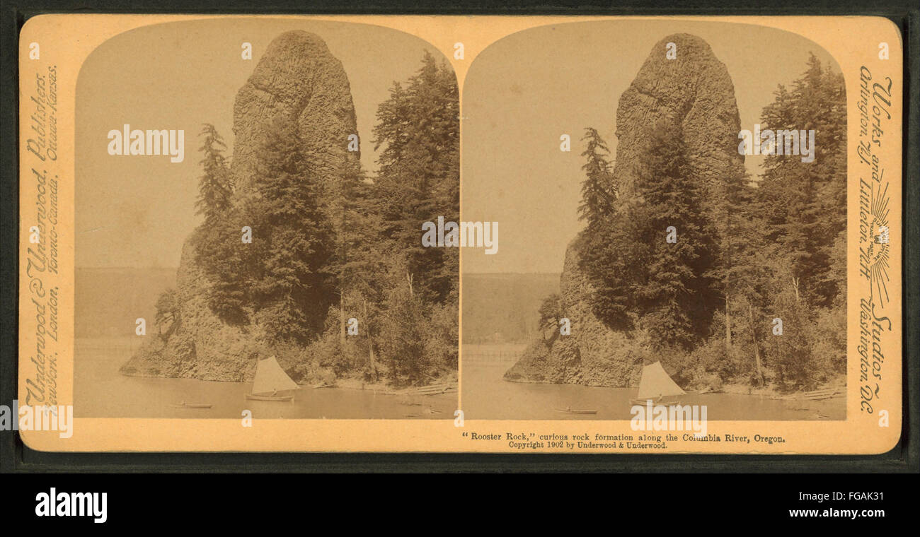 A stereoscopic view of 'Rooster Rock', a unique geological formation ...