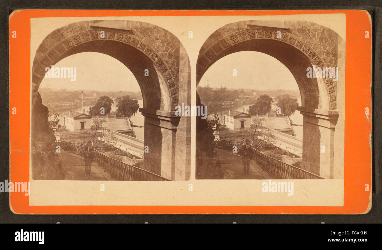 This stereoscopic image shows the Old Fairmount Bridge, an early ...