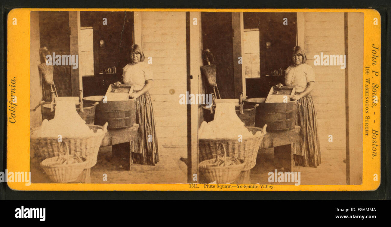 A stereoscopic photograph from Robert N. Dennis showing a Paiute woman ...