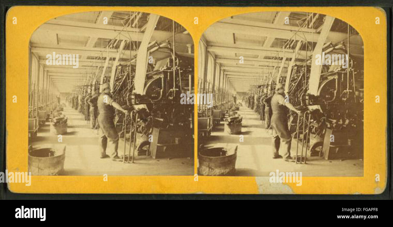 A photograph of the printing room at American Print Works, showing ...