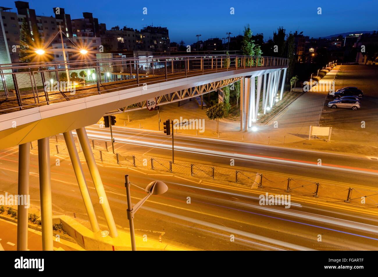 A night view of the seaside bridge connecting the beach to GSO Sports ...