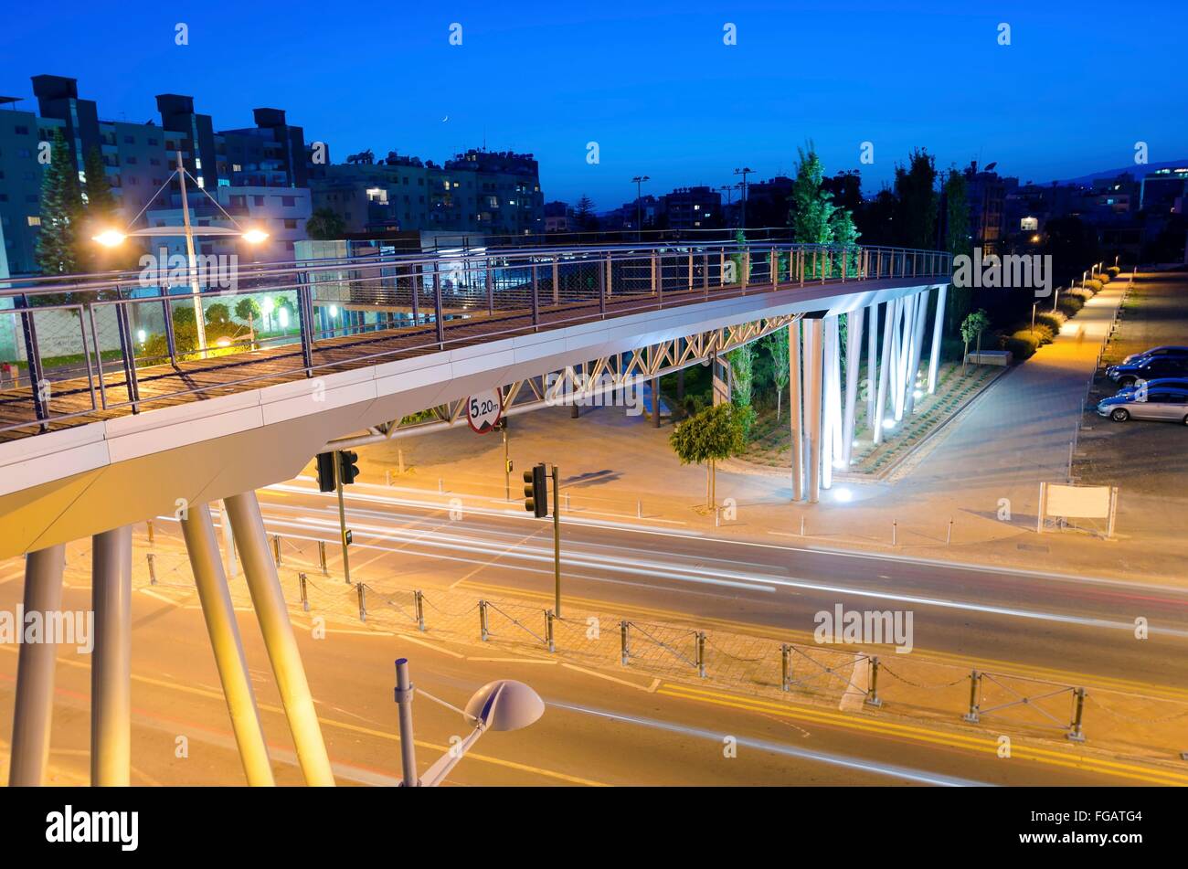 A night view of the seaside bridge connecting the beach to GSO Sports ...