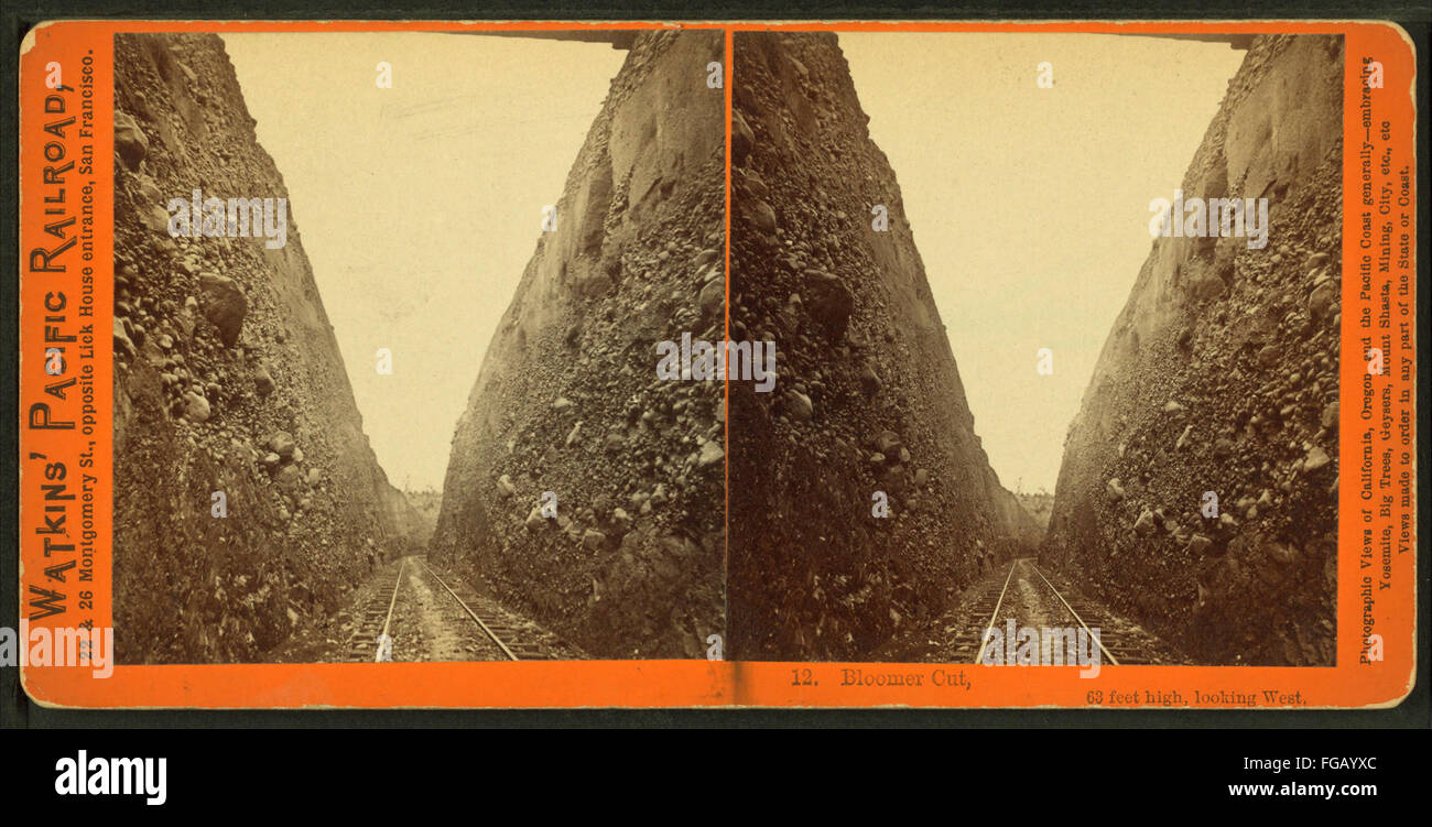 A photograph by Carleton E. Watkins showing Bloomer Cut, a 63-foot-high ...