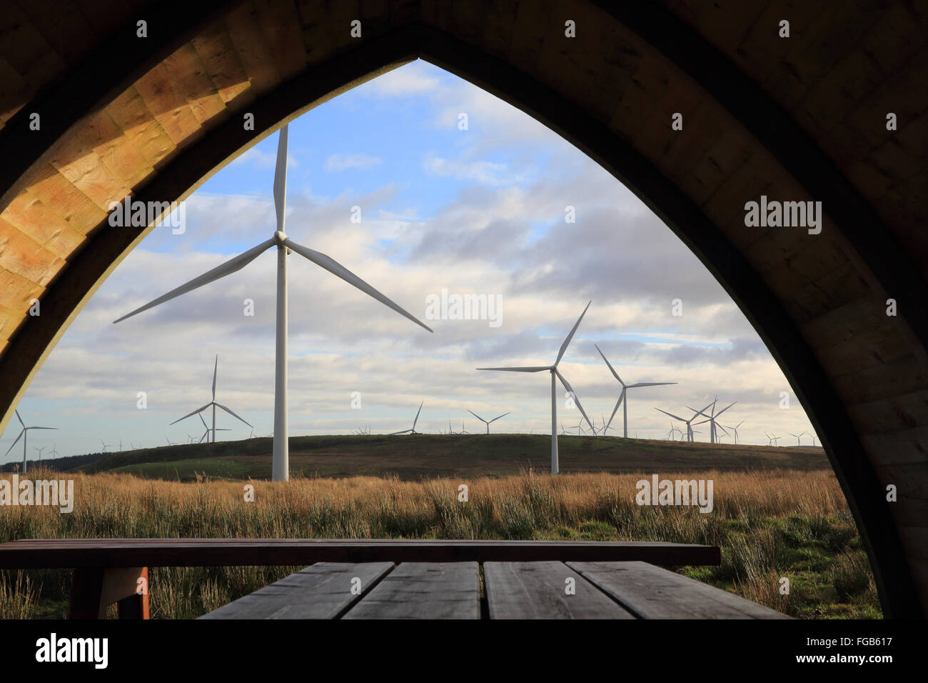Wind turbines at Whitelee, the UK's largest onshore windfarm, near ...