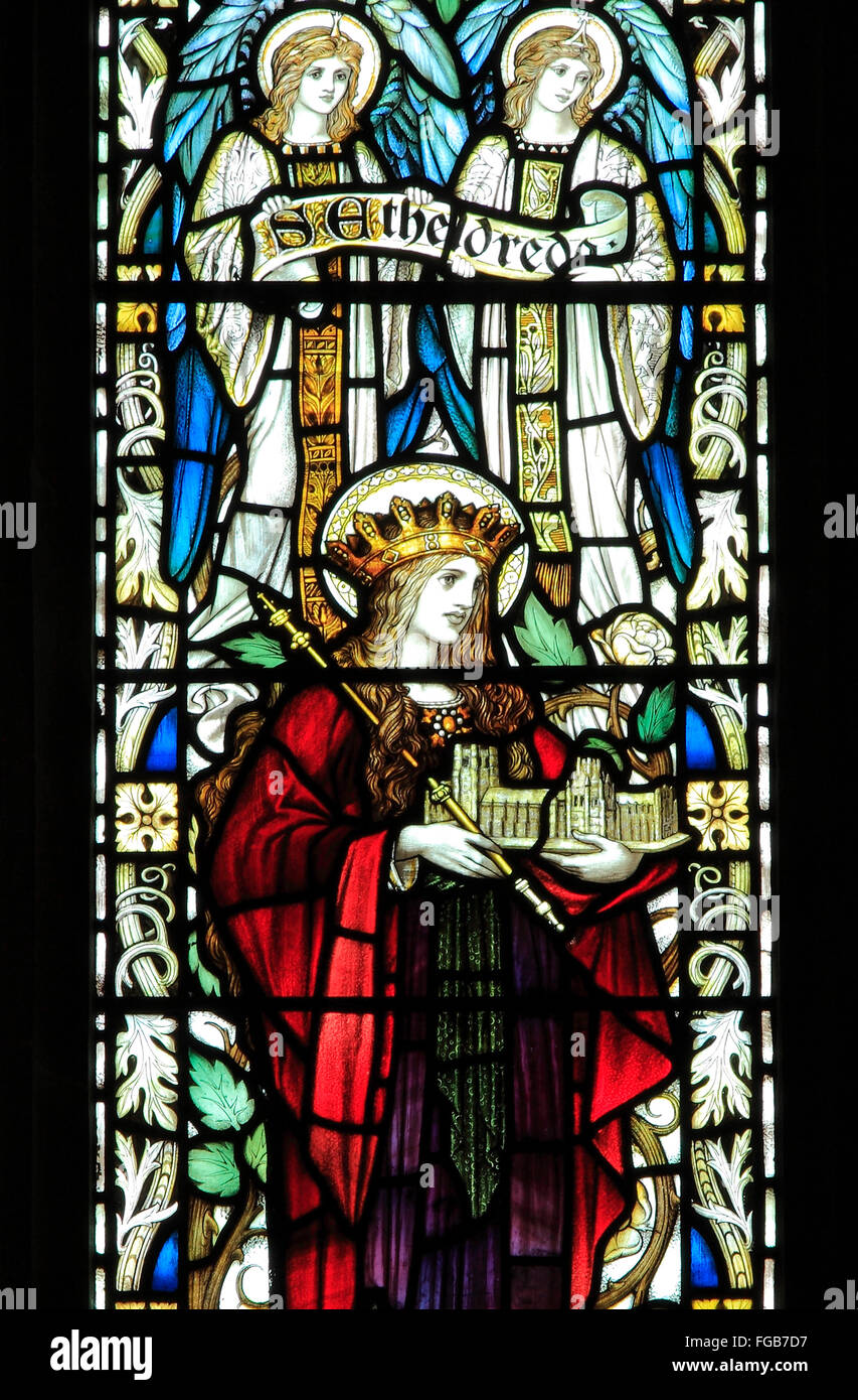 St. Etheldreda, stained glass window, holding model of Ely Cathedral ...
