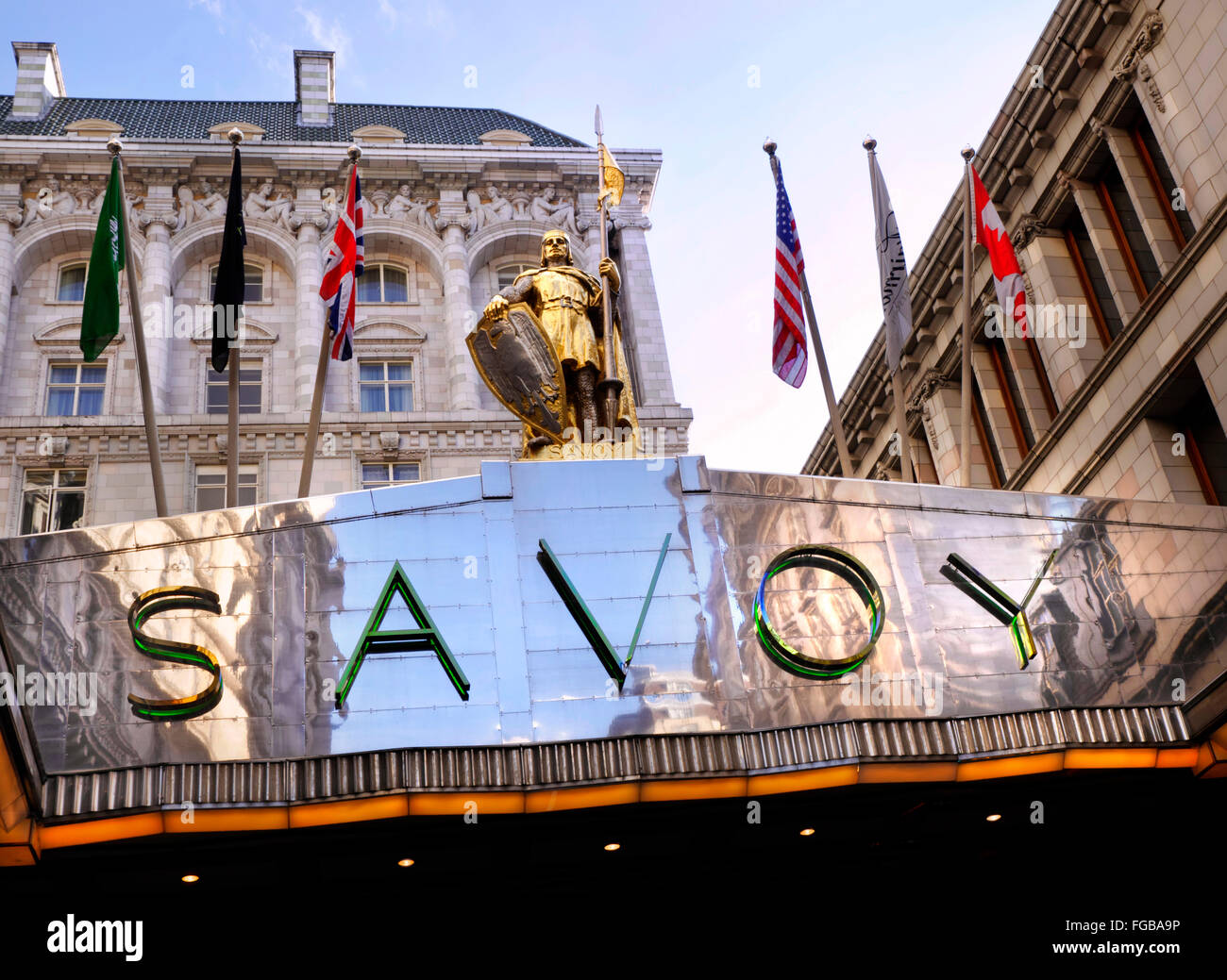 Exterior view of luxury Five-Star Savoy Hotel entrance foyer The Strand ...