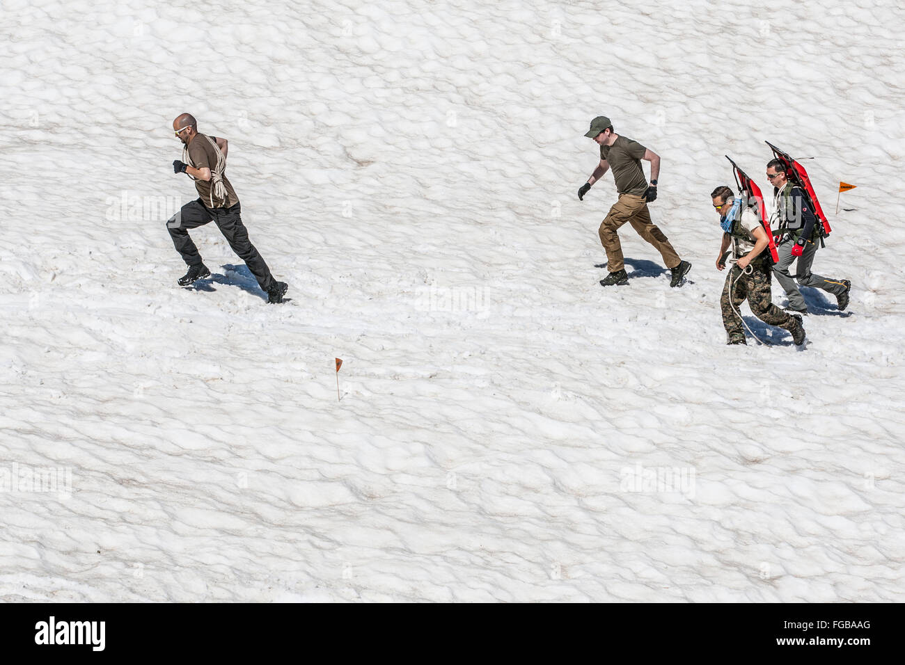 group of people going to a rescue scene on the snow. This a training ...