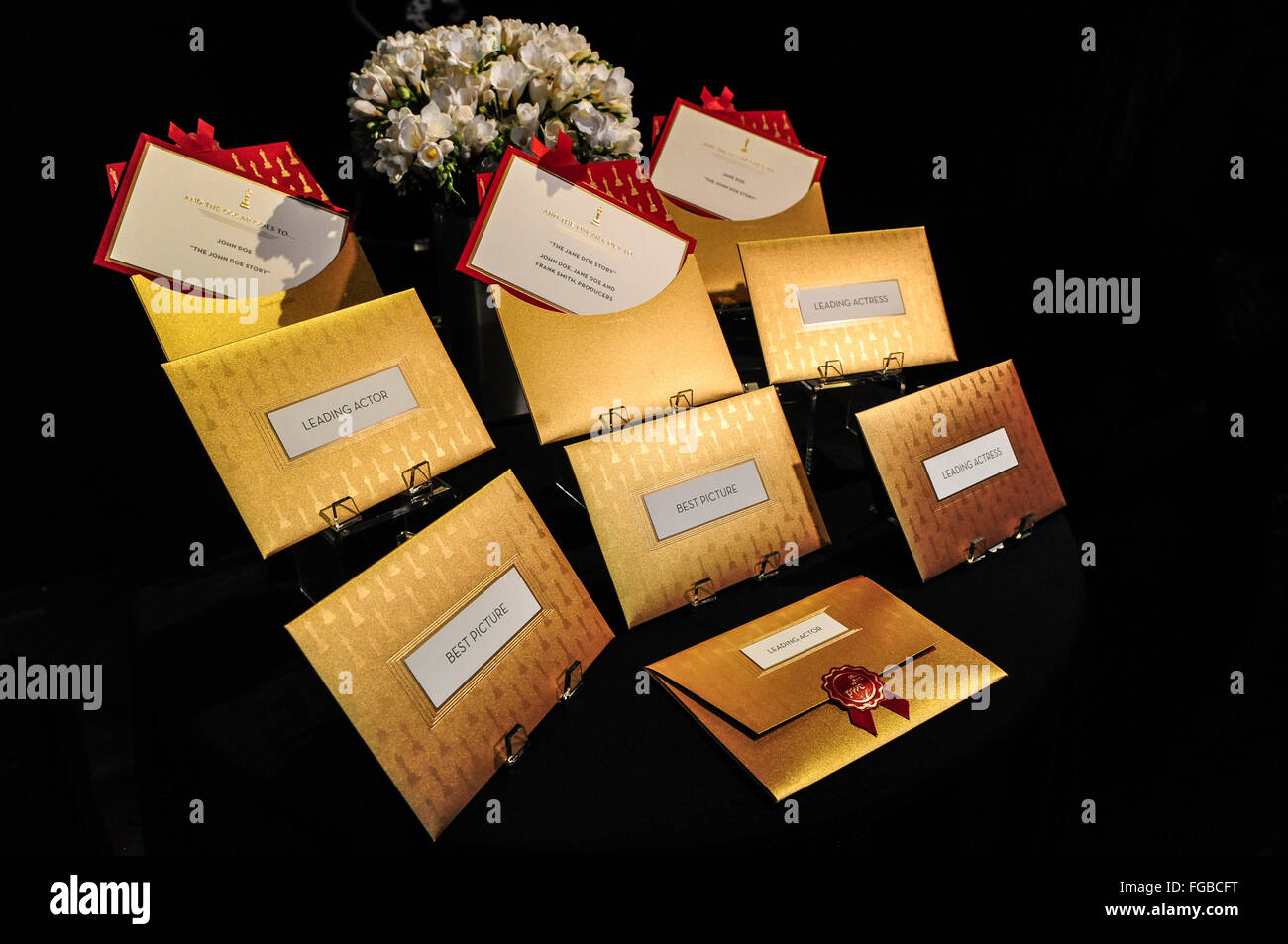 Los Angeles, USA. 18th Feb, 2016. Gold Oscar envelopes are displayed at ...