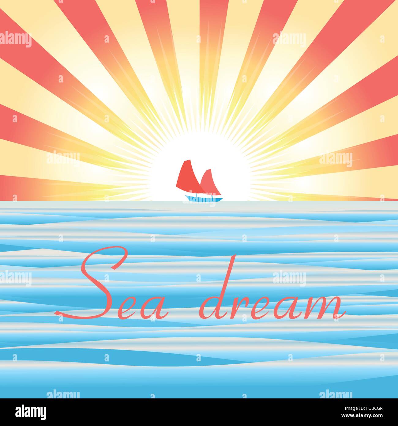 Beautiful vector illustration of sea landscape with ship and sun rays ...