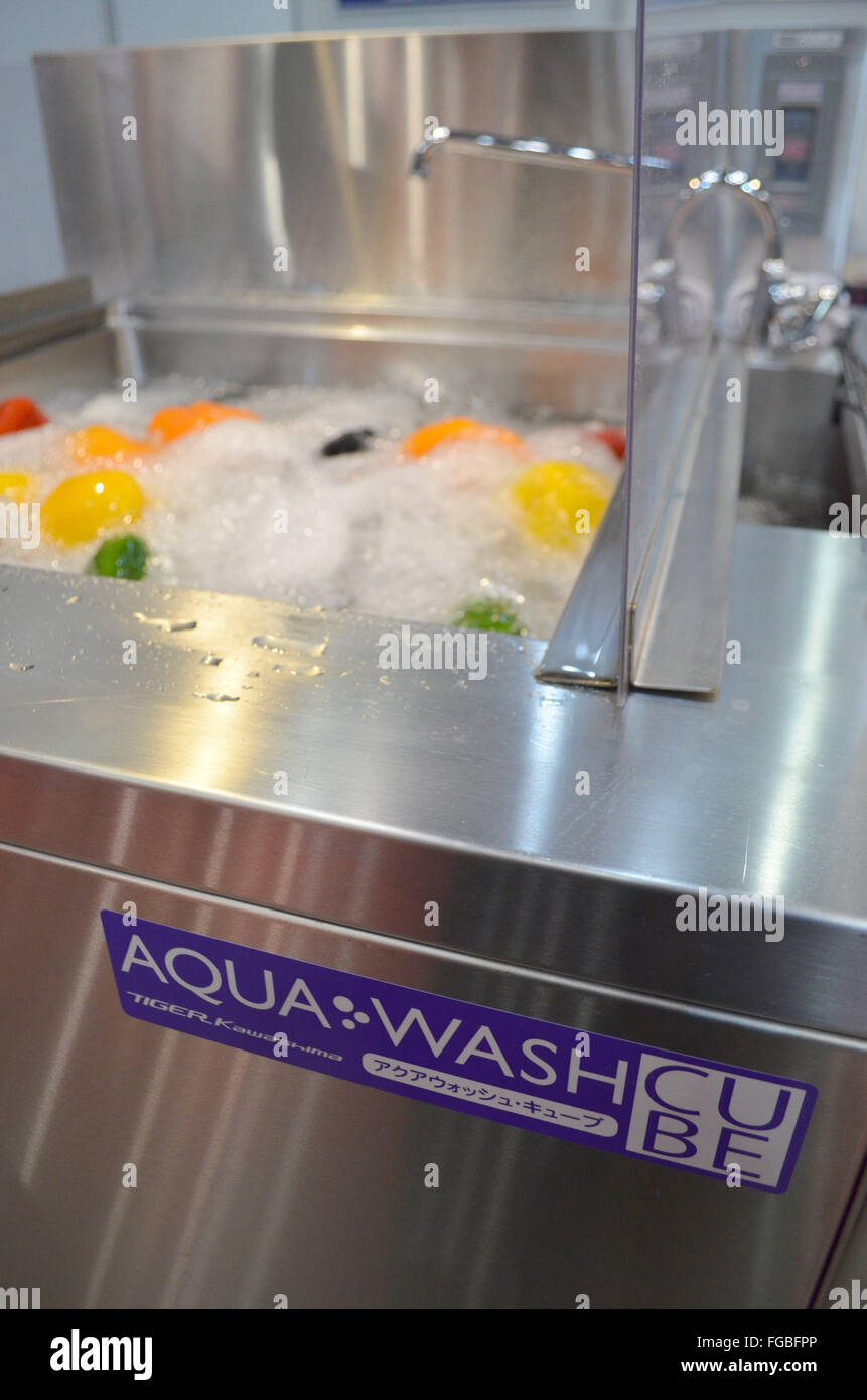 Tokyo, Japan. 16th Feb, 2016. (Aqua wash CUBE) food washing machine is ...