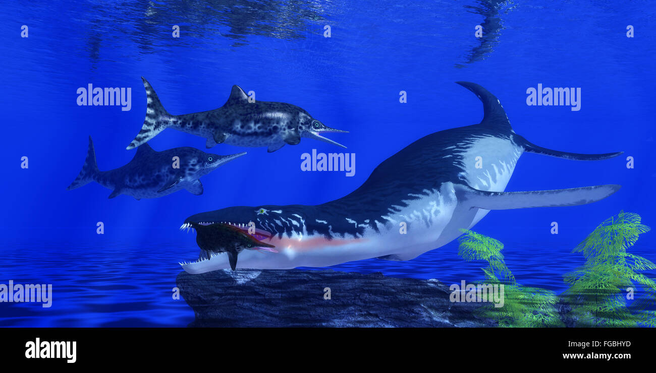 An Ichthyosaur becomes prey for an enormous Liopleurodon marine reptile ...