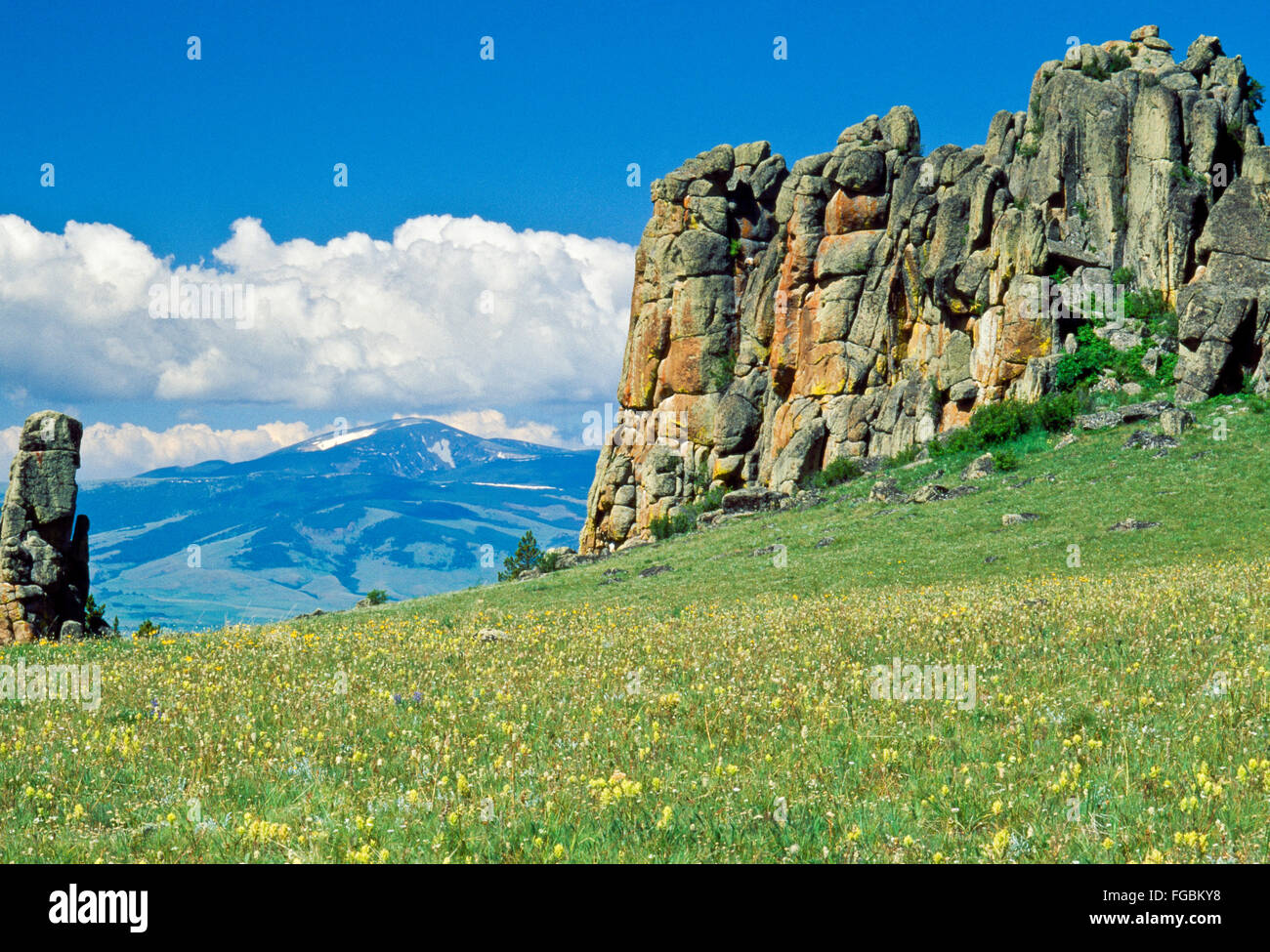 granite columns in the castle mountains and mount edith in the distant ...