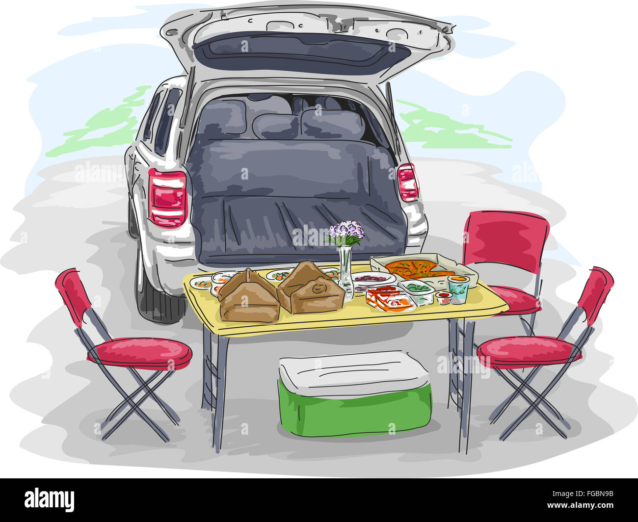 Illustration of a Lunch Table Set Up at the Back of an SUV Stock Photo ...