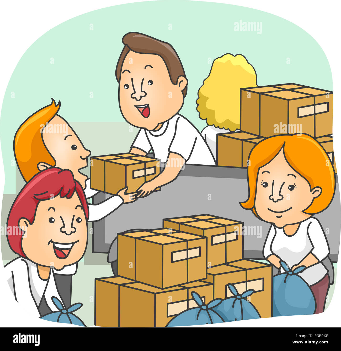 Illustration of Volunteers Packing Donation Boxes Stock Photo - Alamy