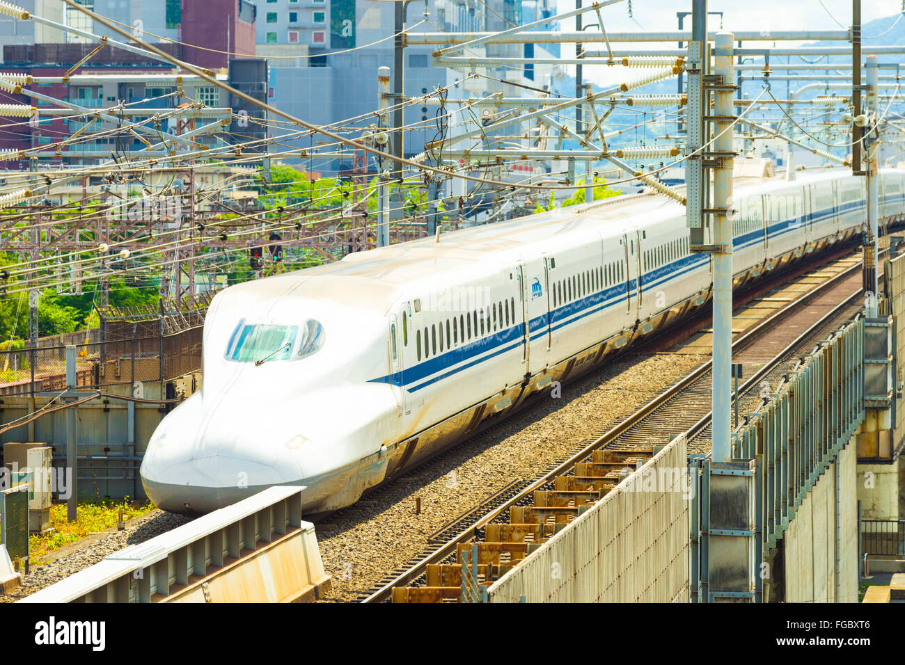 Tail of a departing Shinkansen high speed bullet train leaving Kyoto ...