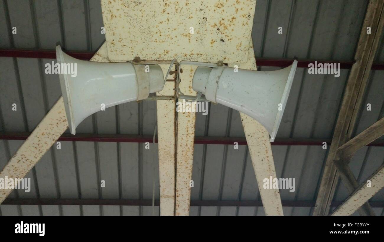 Low Angle View Of Megaphone Hanging From Ceiling Stock Photo - Alamy
