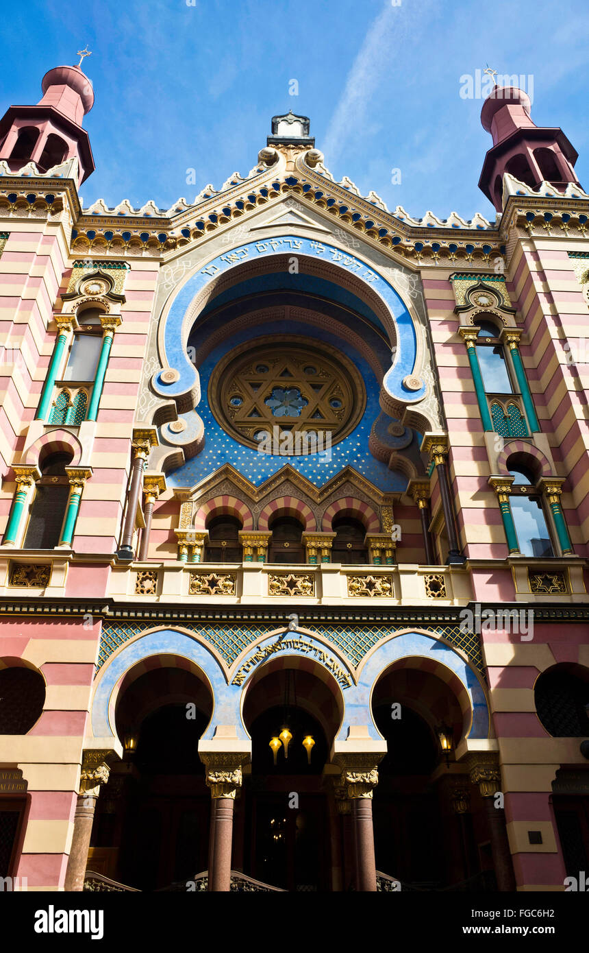 facade of the Jerusalem or Jubilee synagogue in Prague, Czech republic ...