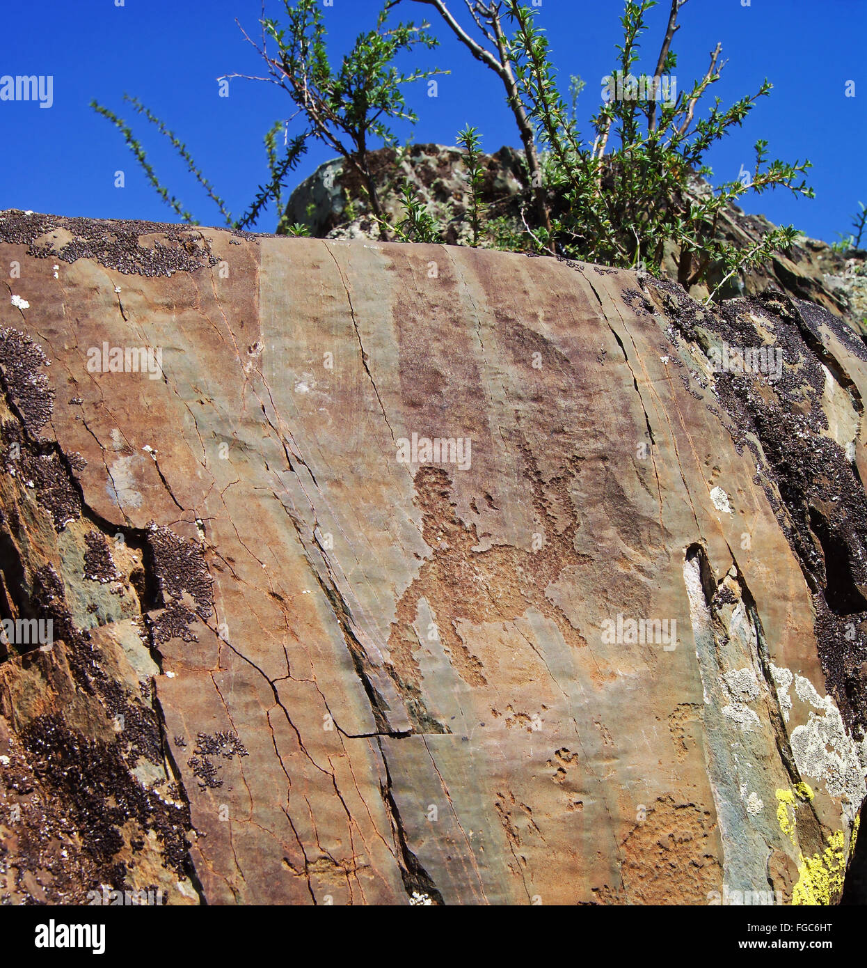 Silhouettes of people and animals carved on the rocks by primitive ...