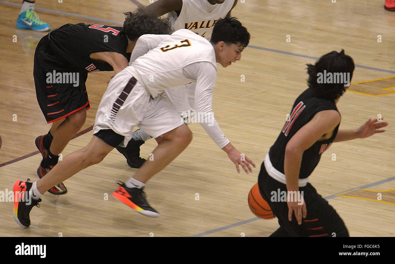 Usa. 18th Feb, 2016. SPORTS -- Valley's Anthony Chavez, 3, drives with ...