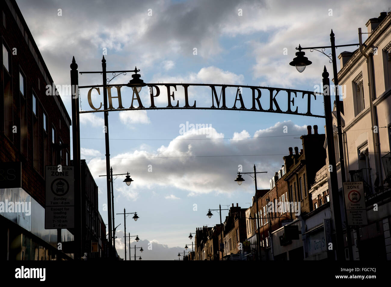 Chapel Market sign street food stalls Stock Photo - Alamy