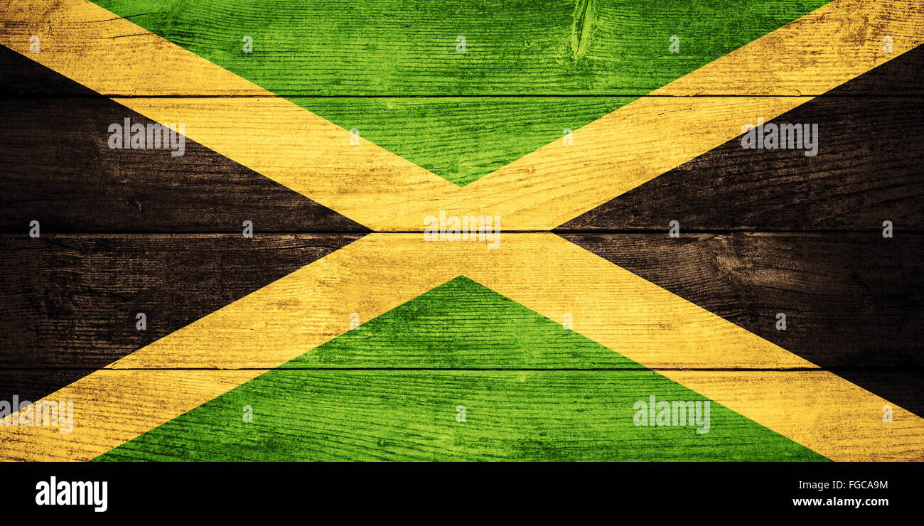 flag of Jamaica or Jamaican banner on wooden background Stock Photo - Alamy