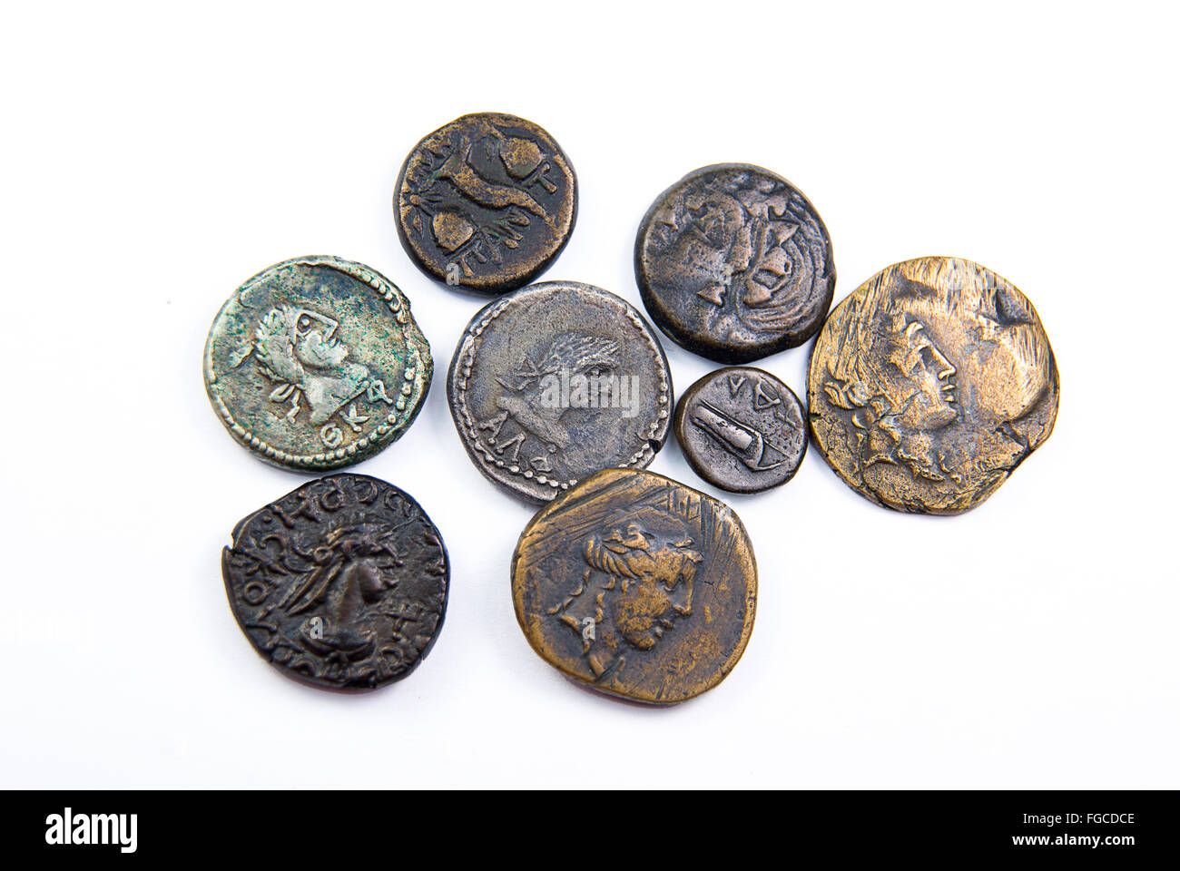 A lot of old coins with portraits of kings on a white background Stock ...