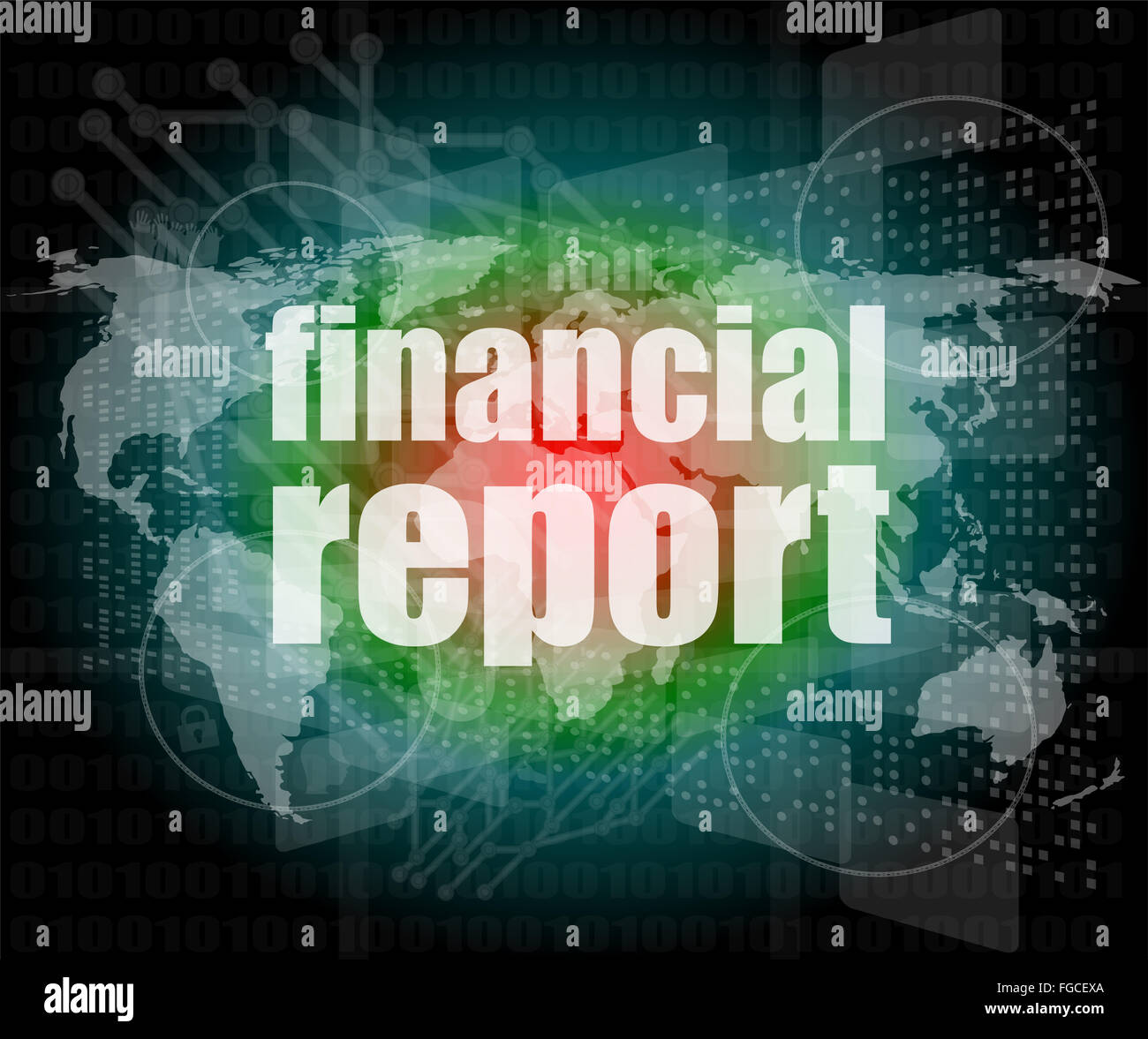 financial report word on digital screen, mission control interface hi ...