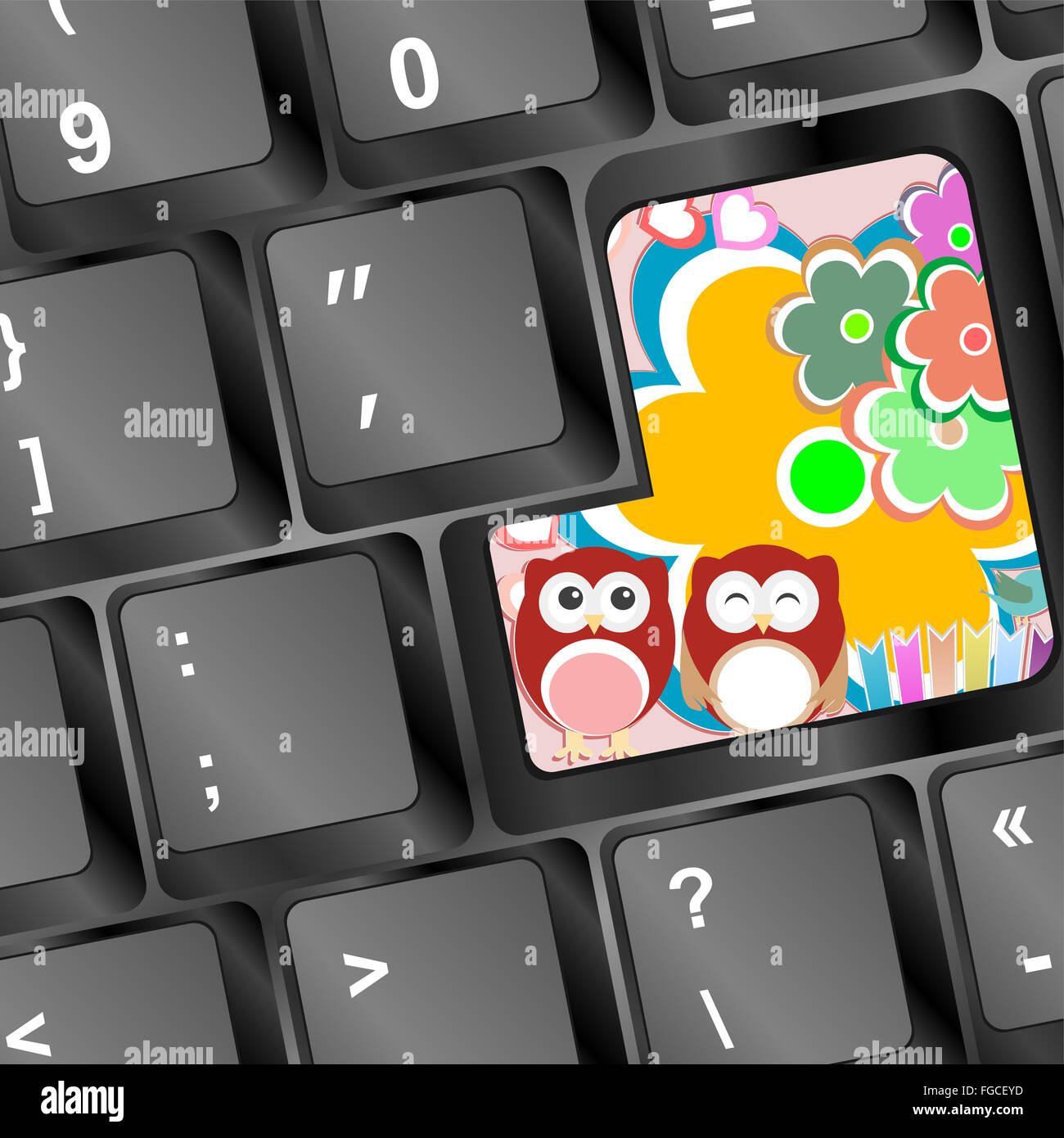 owl on computer keyboard key with flowers Stock Photo - Alamy