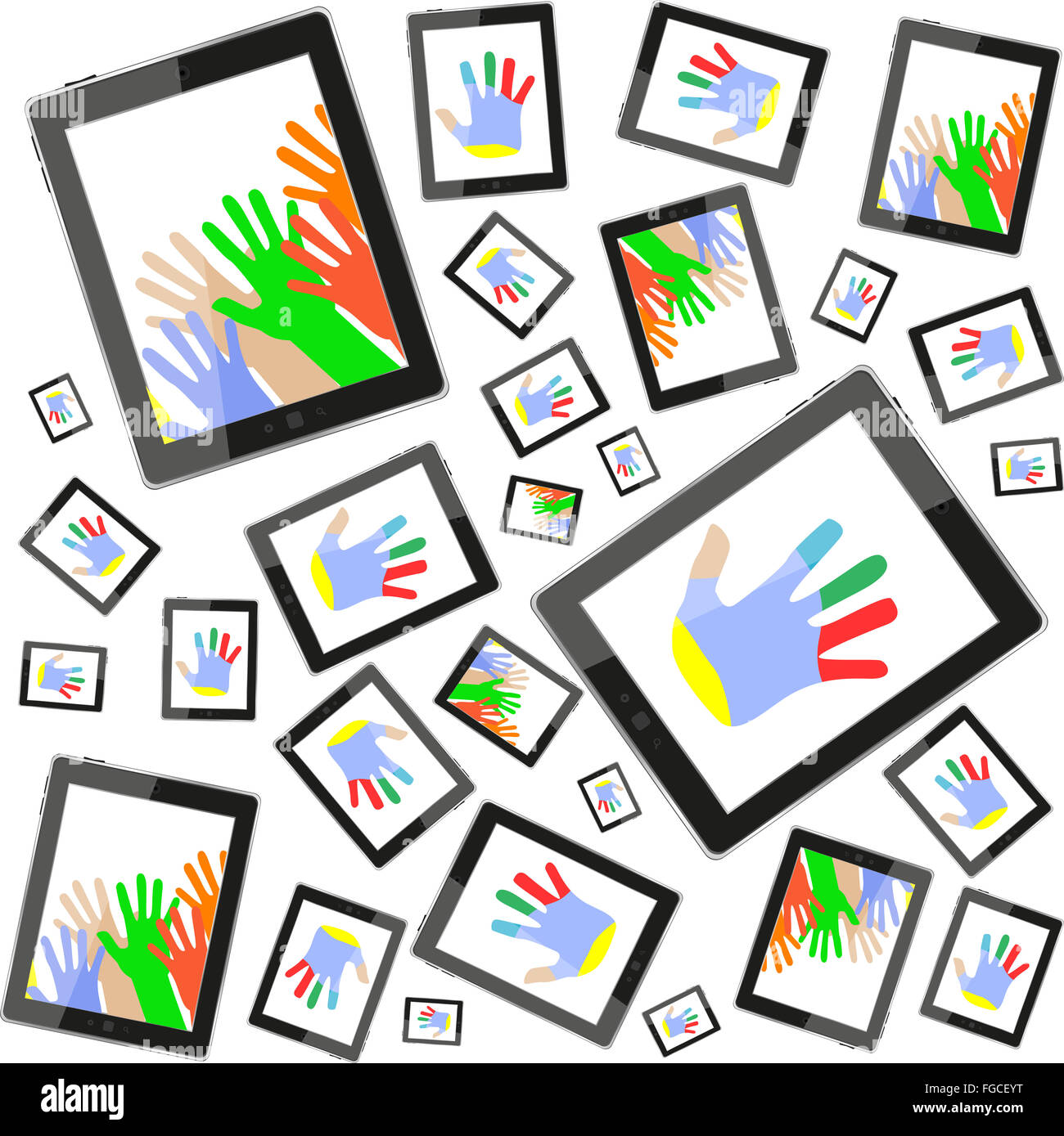 hands on tablet touch computer set on white background Stock Photo - Alamy