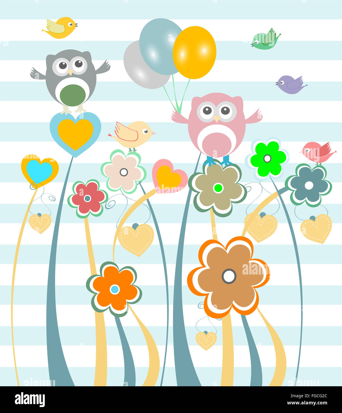 Cute kids background with flowers, owls and birds Stock Photo - Alamy