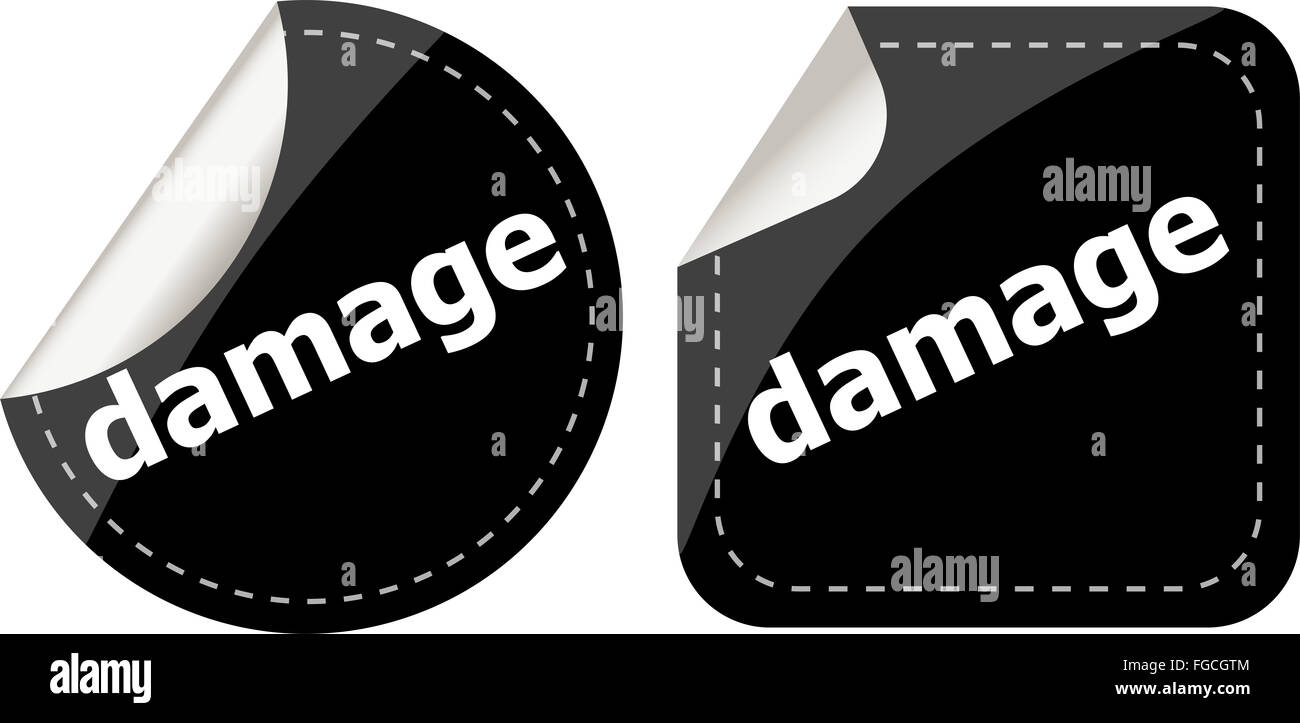 damage word on black stickers web button set, label, icon Stock Photo ...