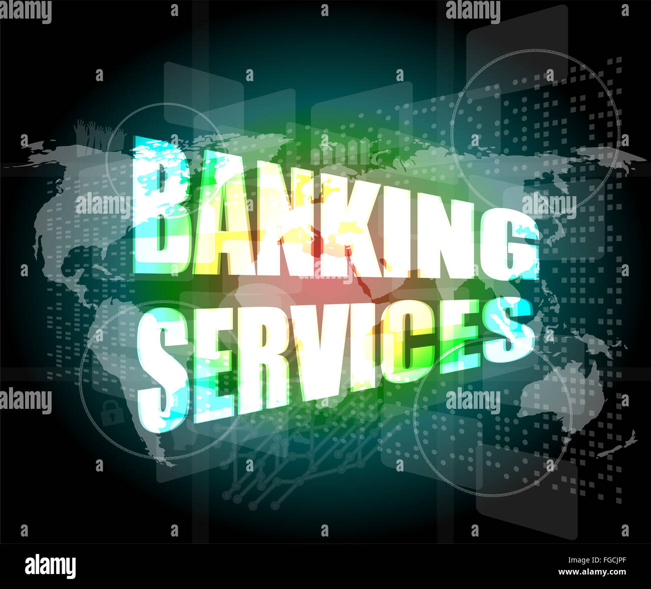 words banking services on digital screen, business concept Stock Photo ...