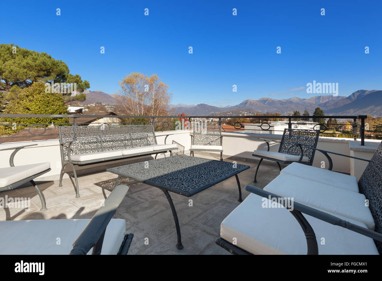 beautiful terrace with garden furniture, outside Stock Photo - Alamy