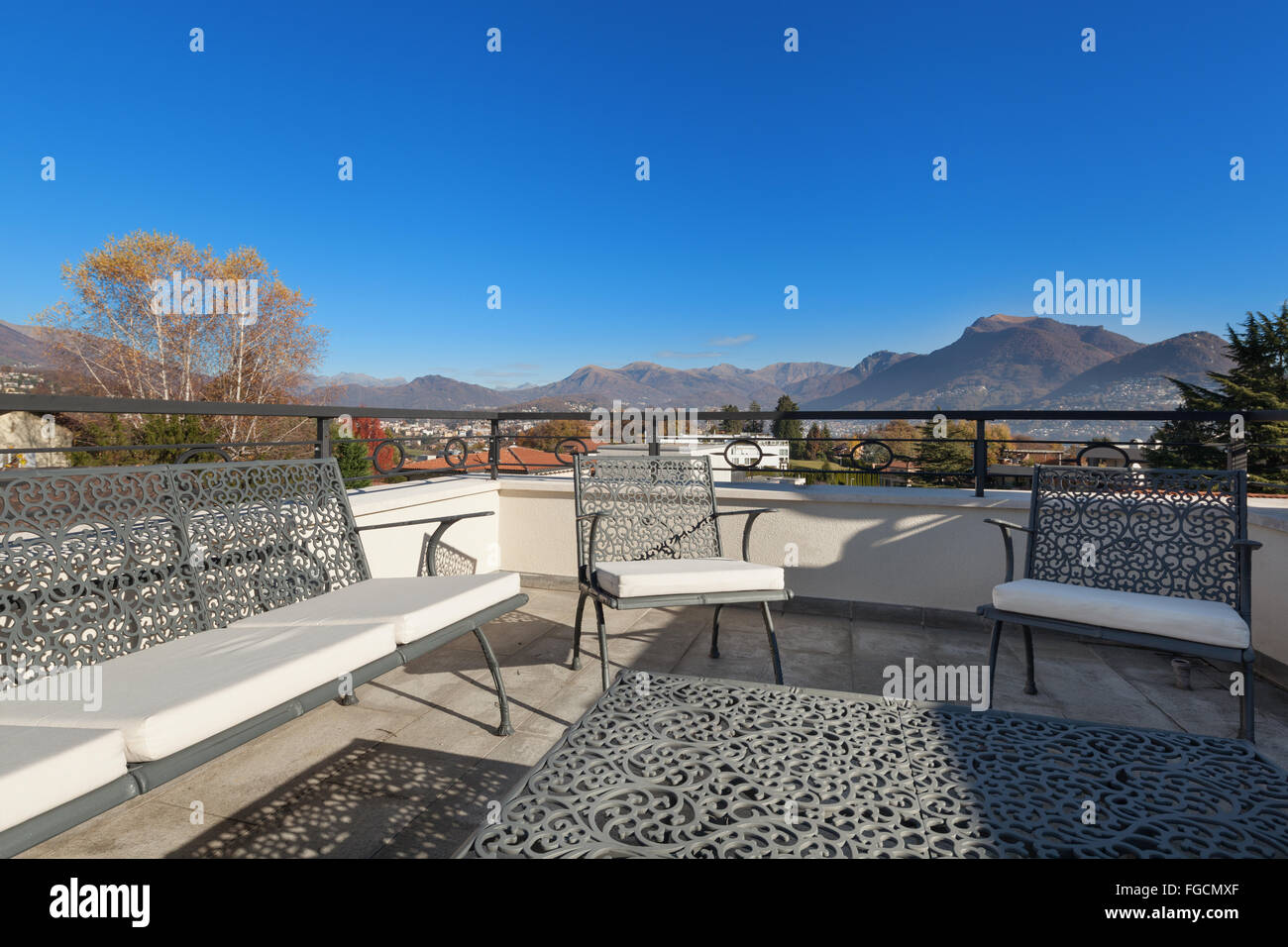 beautiful terrace with garden furniture, outside Stock Photo - Alamy