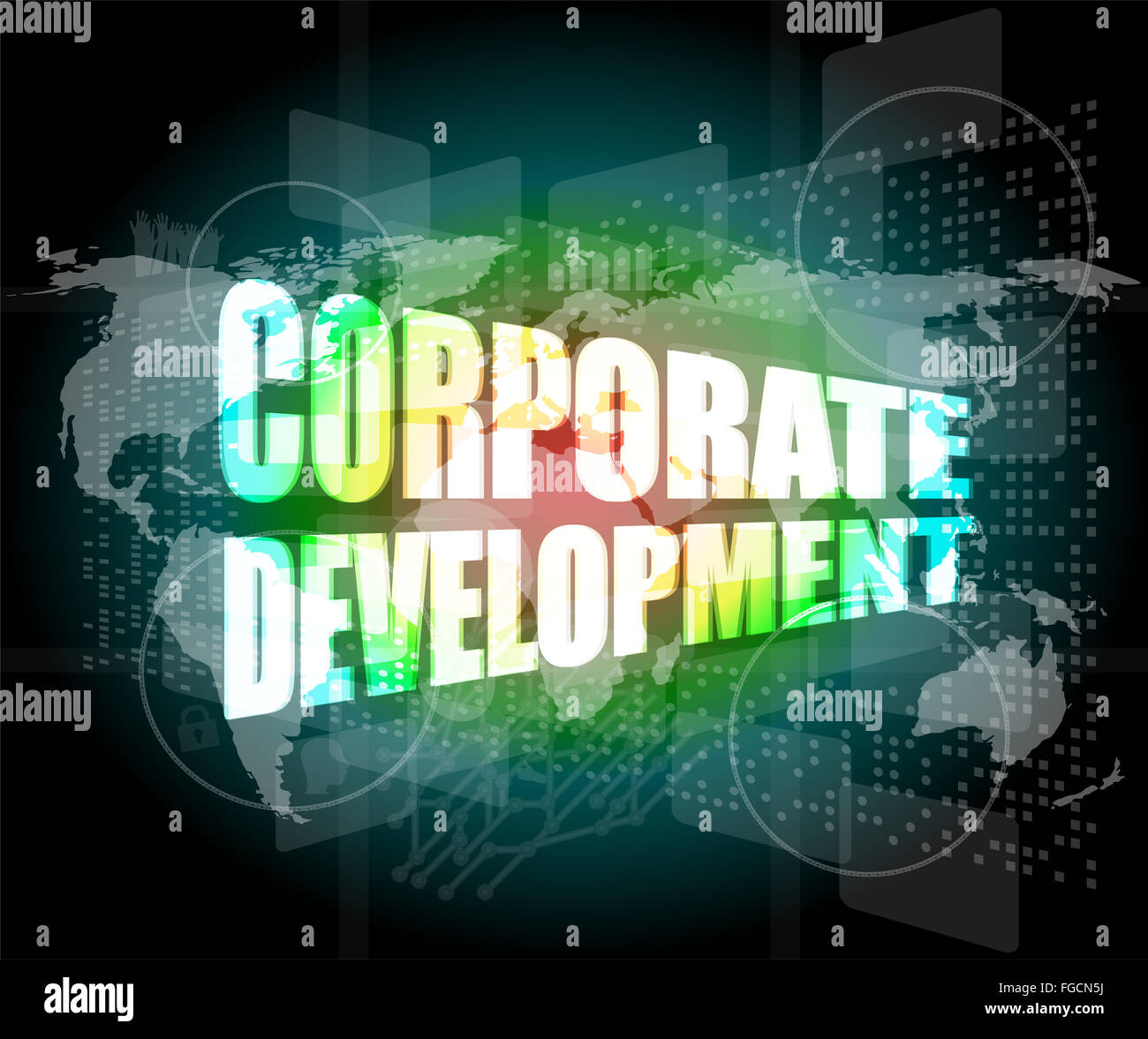 corporate development words on digital screen with world map Stock ...