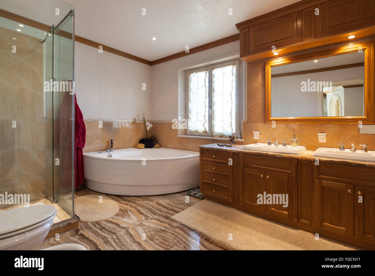 Architecture, classic design bathroom with bathtub and marble floor ...