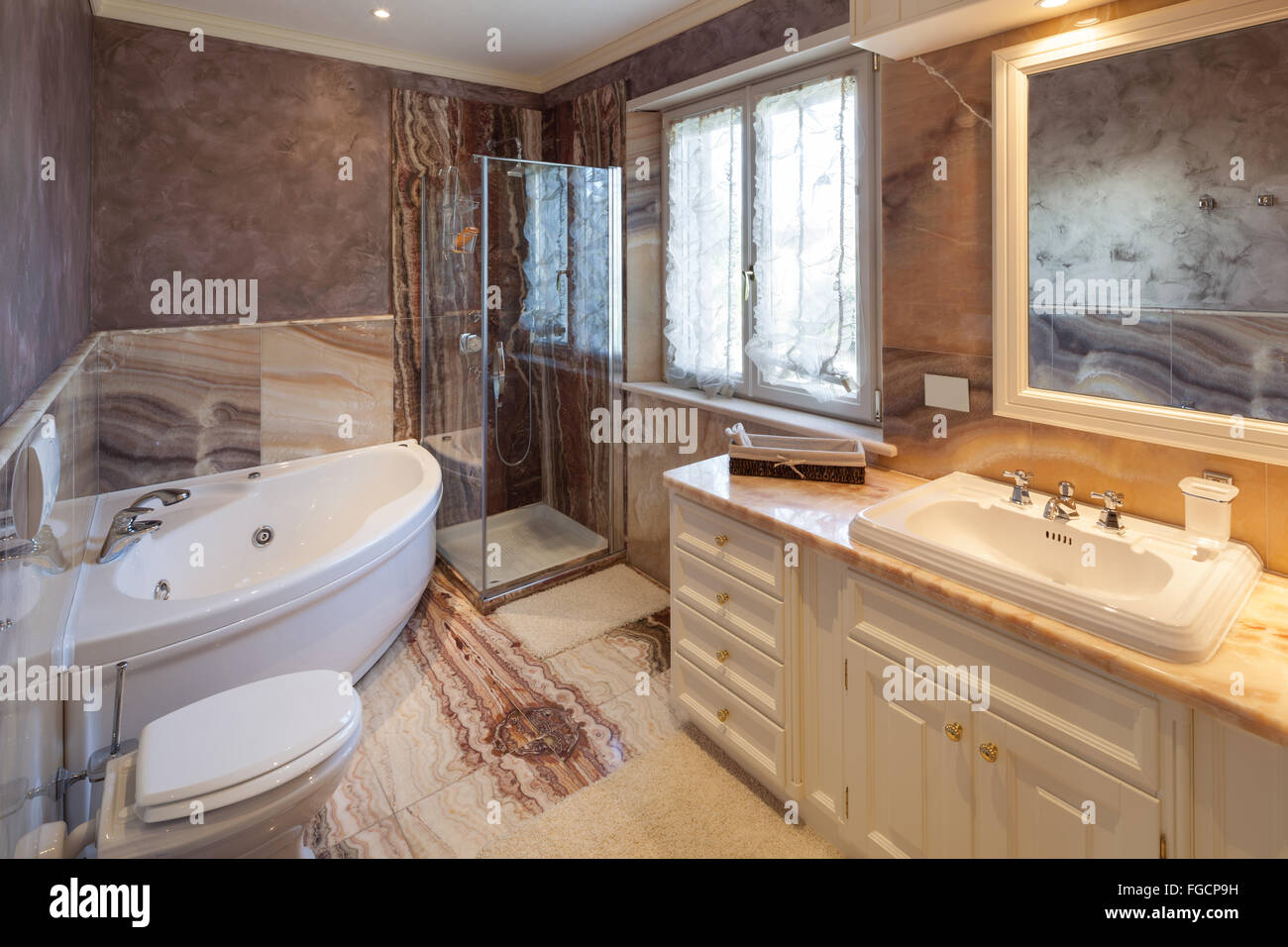 Architecture, classic design bathroom with bathtub and marble floor ...