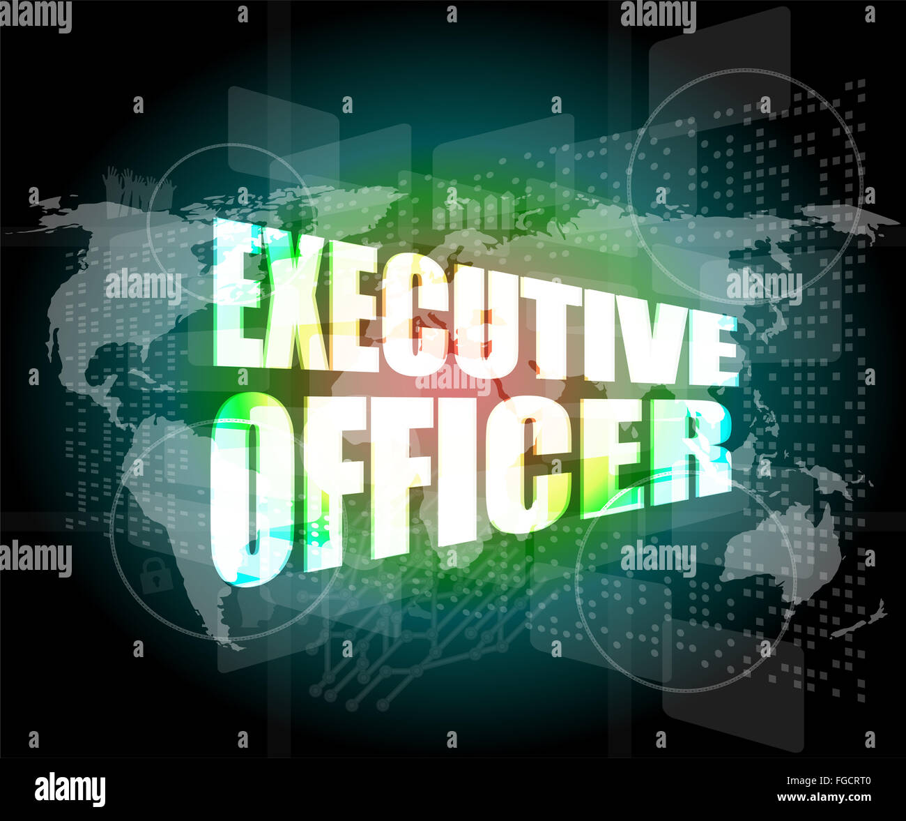 executive officer words on digital screen background with world map ...