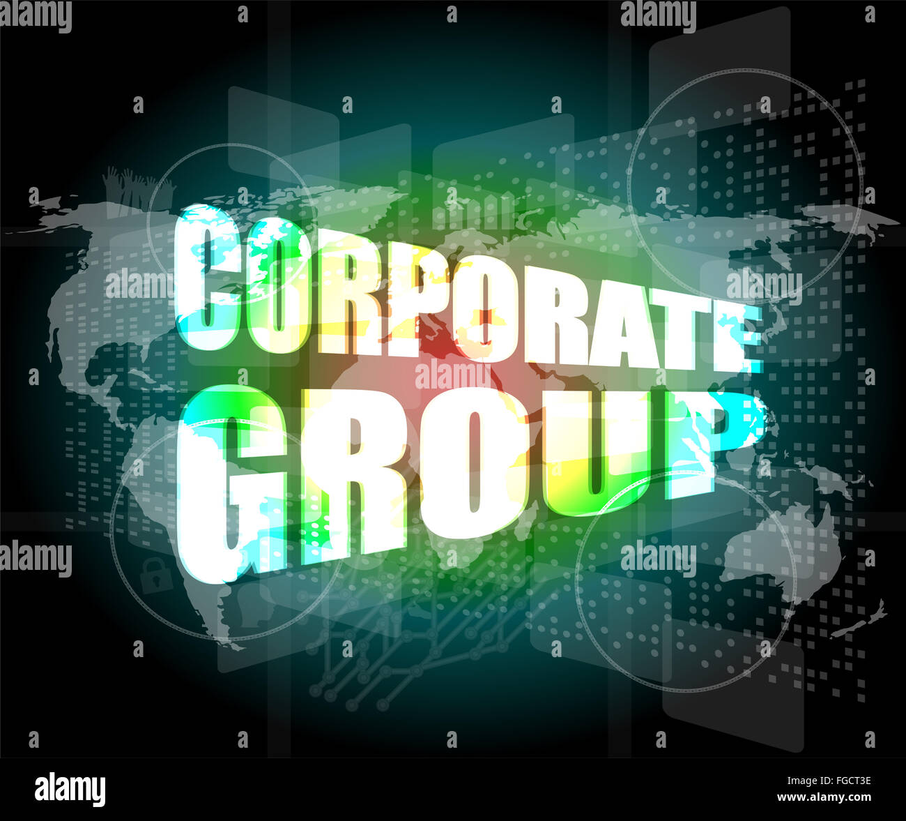 corporate group words on digital screen with world map Stock Photo - Alamy