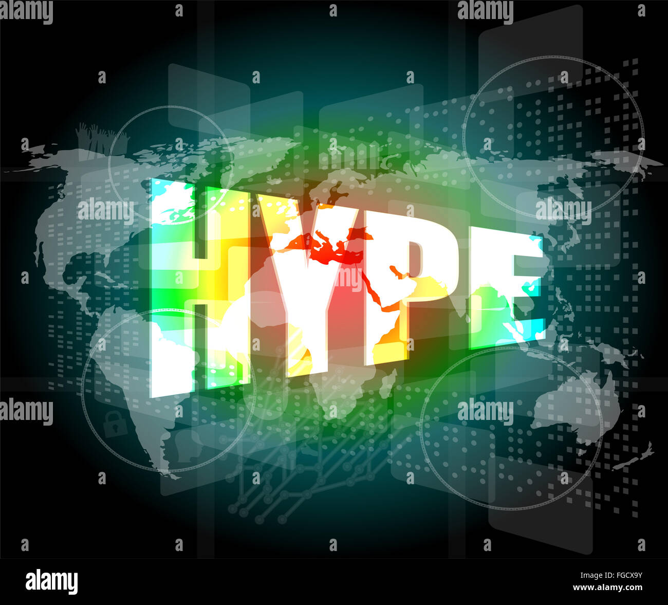 hype word on digital screen background with world map Stock Photo - Alamy