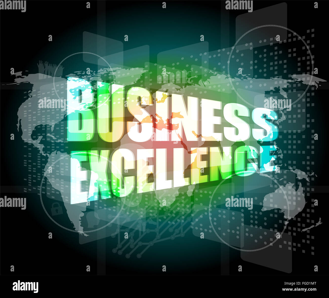 business excellence words on digital touch screen with world maps Stock ...