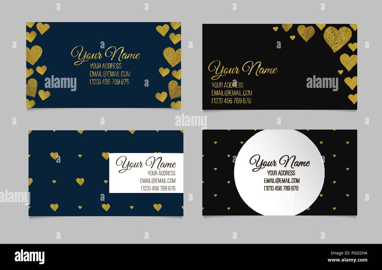 Business card template or visiting card set with golden foil heart ...