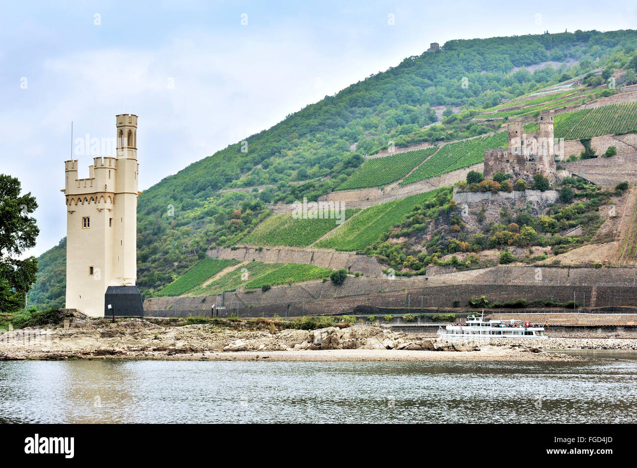 The Mouse Tower with Ehrenfels Castle on the background, town Bingen ...