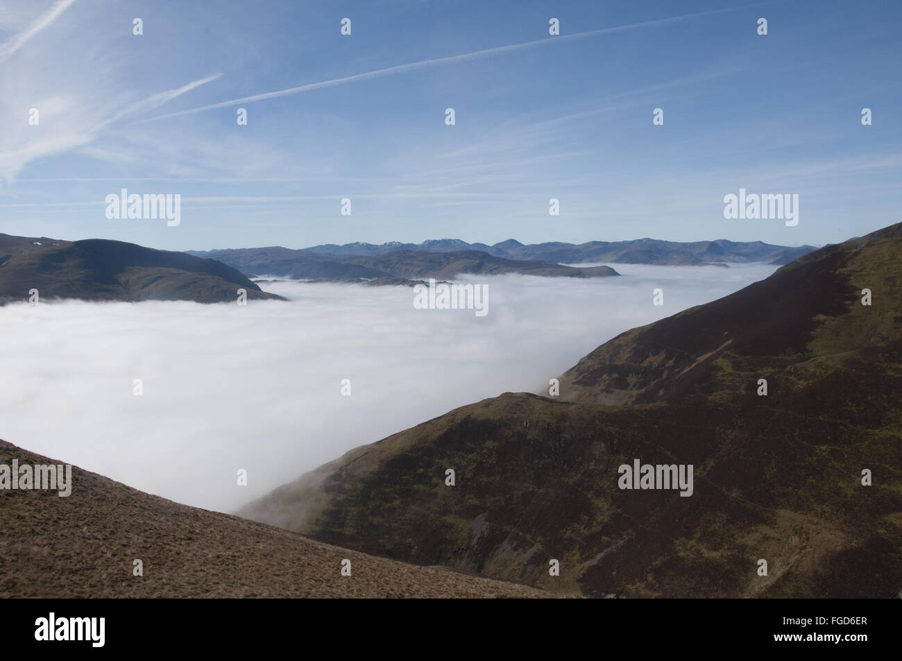 View over clouds in upland valley during temperature inversion, looking ...
