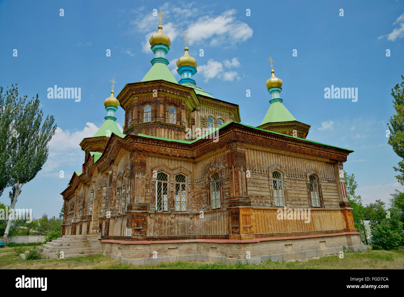 Wooden orthodox church called Holy Trinity Cathedral. Karakol ...